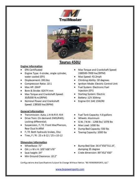 Trailmaster Taurus 450U EFI 4X4 UTV - 161 Powersports